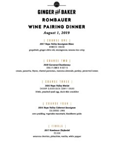 Rombauer Vineyards Pairing Dinner Menu - Ginger and Baker